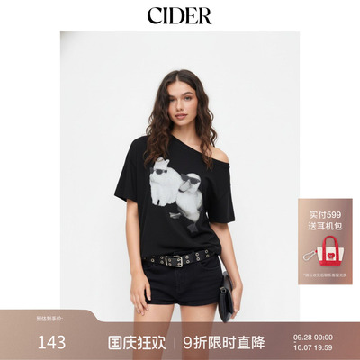 CIDER季新品不对称领兔鸭印花T恤114917111