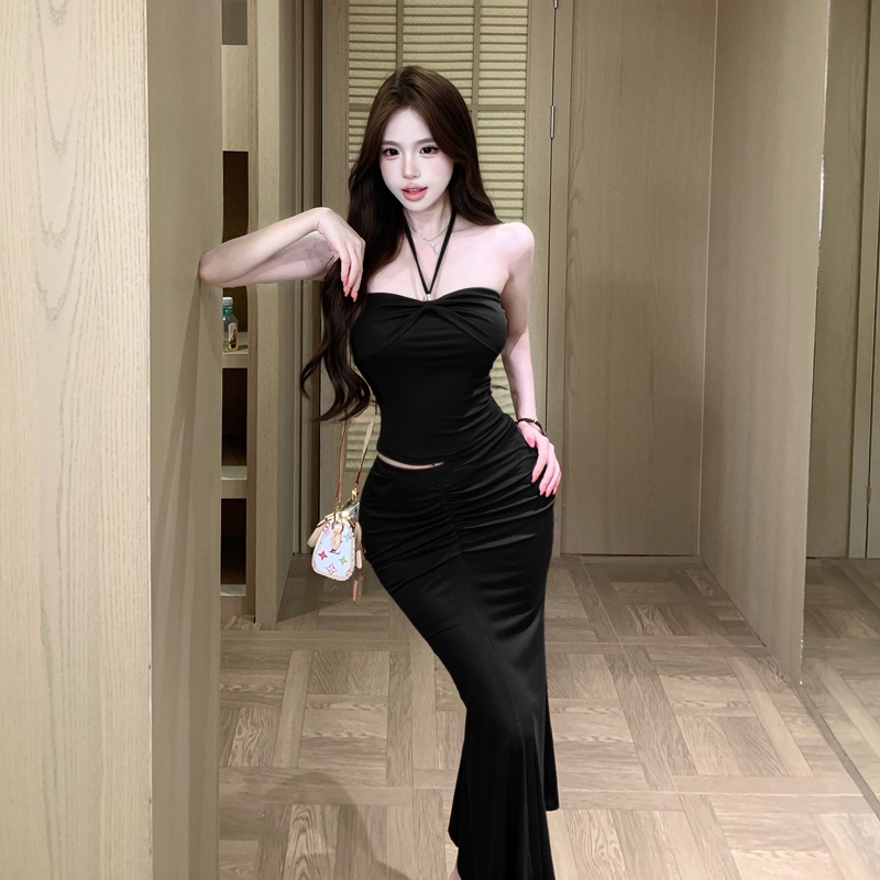 挂脖扭结抹胸抽绳鱼尾裙套装女夏季收腰显瘦气质纯欲风辣妹两件套