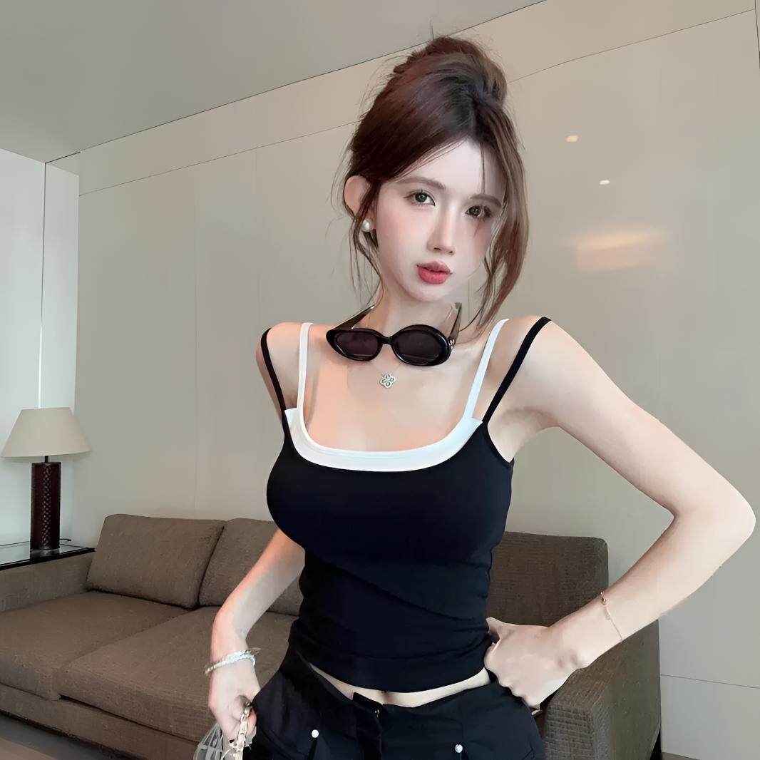 黑白撞色假两件吊带背心女夏季辣妹性感紧身美背别致绝美上衣外穿