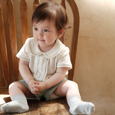 three sailors男童0-3周岁生日英伦礼服娃娃领上衣+短裤夏季套装