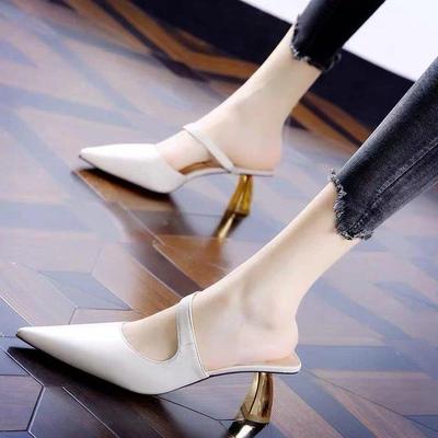 粗跟包头凉拖鞋女外穿2024款小清新气质尖头拖鞋仙女风高跟鞋