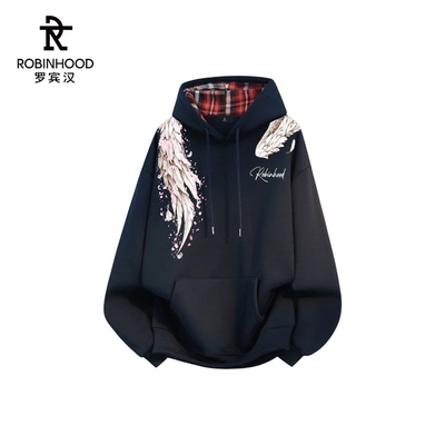 ROBINHOOD/罗宾汉套头印花亲肤连帽长袖卫衣美式肩章羽毛翅膀个性