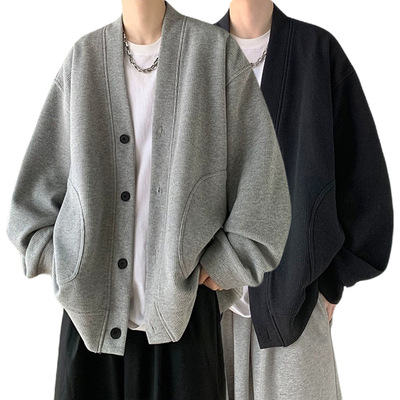 罗宾汉 大码开衫外套卫衣男大V领外搭华夫格港风潮