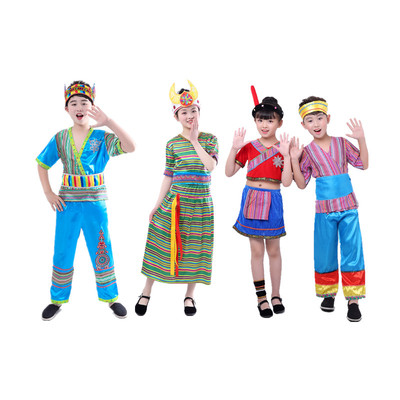 儿童56个民族演出服男女童独龙族舞蹈服民族风情服装亲子走秀服装