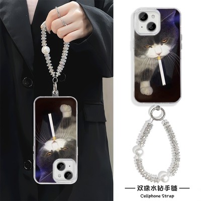 iPhone13趣味叼烟猫咪14手机壳带挂绳硬12卡通小米17ProMax高级感15PLUS红米K90适用苹果16羽纱潮酷OPPOA6PRO