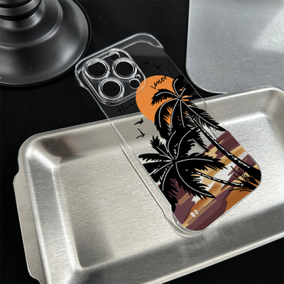苹果15ProMax高级感iPhone14plus无边框1213创意夏日椰树适用硬16手机壳带支架手腕K12X透明超薄红米k80ins风