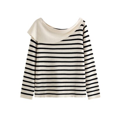 大码女装设计感一字领露肩上衣秋冬胖mm显瘦条纹针织衫女20703。