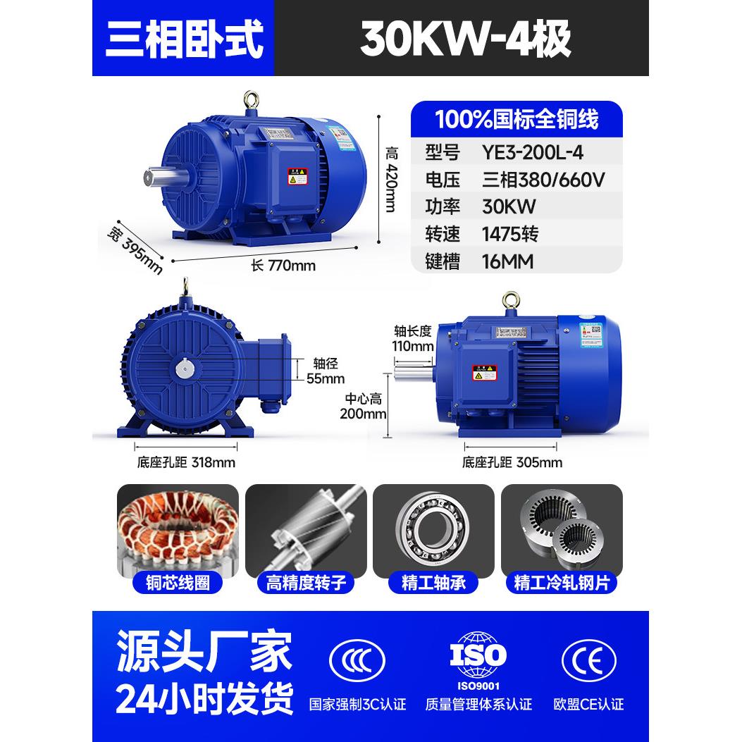 电机380v三相异步电动机纯全铜2.2/3/4/5.5/7.5/11/15/22kw千瓦ye