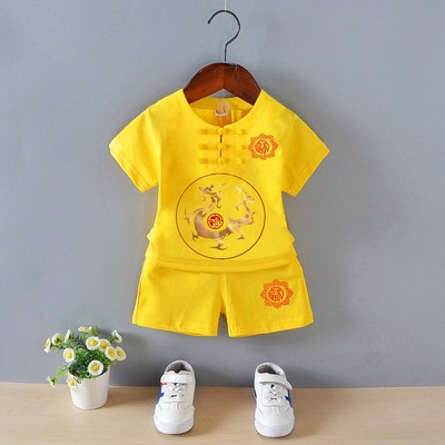 婴儿唐装黄马褂 宝宝汉服百天周岁短袖小朋友生日服小孩抓周礼0-4