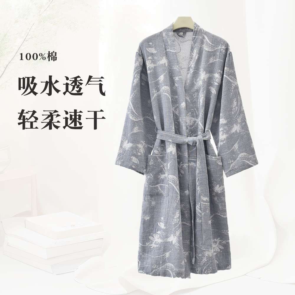 纯棉色织提花睡袍宽松男士长款日式和服200斤大码系带浴衣汗蒸服