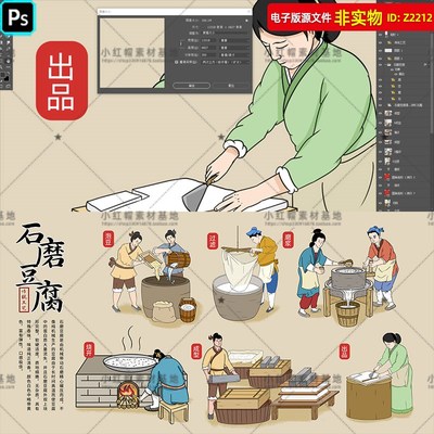 传统石磨豆腐制作流程图古人做豆腐插画豆腐作坊装饰画背景墙素材