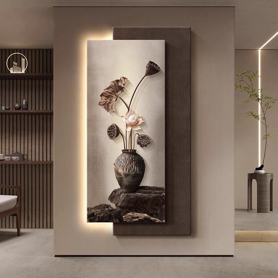 中古风玄关装饰画荷花寓意好入户走廊过道挂画高级感中式氛围灯画