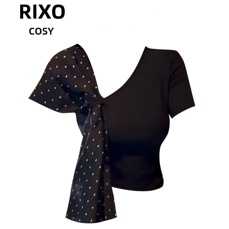 RIXO COSY辣妹风波点丝带斜领短袖T恤女夏季修身显瘦百搭短款上衣