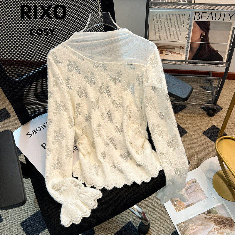 RIXO COSY半高领蕾丝网纱内搭打底衫收腰女春秋长袖t恤独特上衣