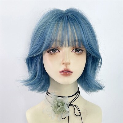 蓝色假发短发全头套女lolita日韩辣妹韩式短卷发Sjk女团y2k彩色