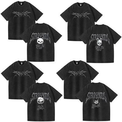 2025straykids世巡演场水洗T恤联名卡通邪恶公仔头像复古短袖夏装