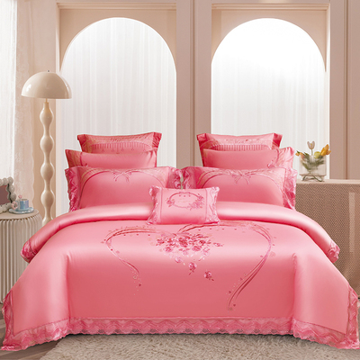 140s支全棉婚k庆四六十件套粉红色喜被子结婚刺绣蕾丝婚房床上用
