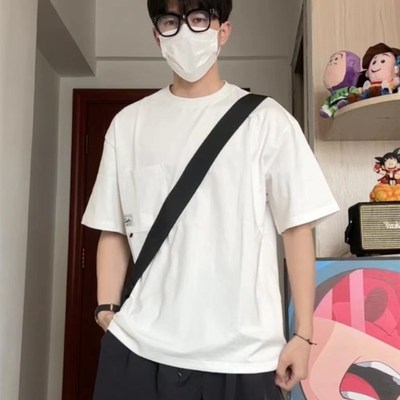 WHICHONE 日系夏季重磅纯棉口袋cityboy 五分袖圆领套头T恤