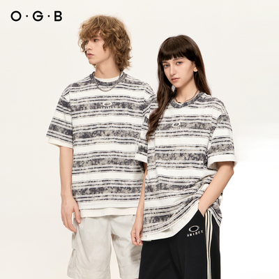 OGB复古撞色条纹短袖T恤 宽松潮流复古美式休闲落肩字母印花上衣