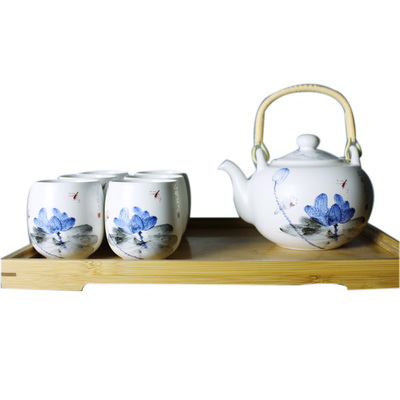 送竹托盘 景德镇陶瓷功夫茶具套装家用提梁茶壶茶杯整套 高档礼品
