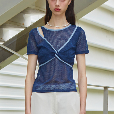 VitalSign滚边层叠感T恤蓝色法式复古短袖小众夏季新品