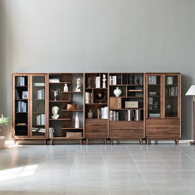 落地家用美北欧书架墙组合展示柜书柜置物柜黑胡桃全实木北玻璃门