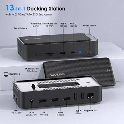 WAVLINK千兆RJ45带10Gbps M2 PCIe/SATA SSD外壳13合1USB C集线器