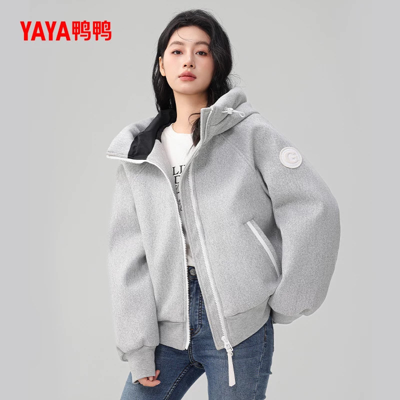 鸭鸭羽绒服女短款韩版连帽卫衣街头休闲加厚鸭绒保暖外套2026反季