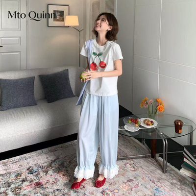 MTO浅蓝少女风蕾丝边束脚裤