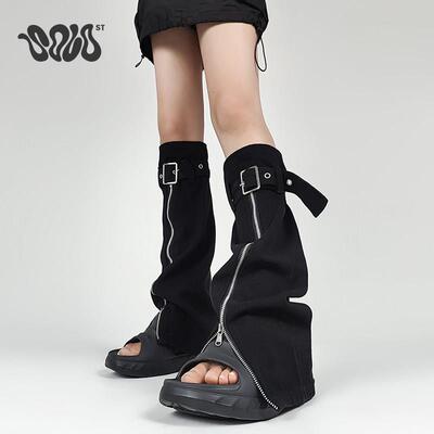 Solost Y2k辣妹牛仔腿套拉炼 炼 调整扣设计黑色朋克机能风塑腿袜