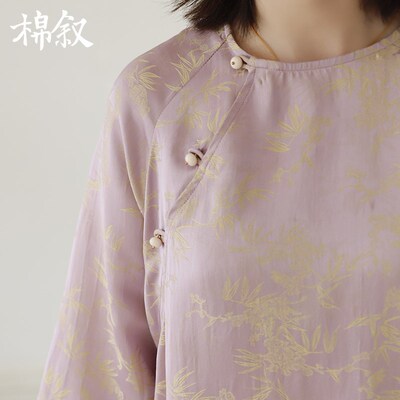 棉叙夏季中式国风提花七分袖衬衫女宽松百搭圆领斜襟上衣24259