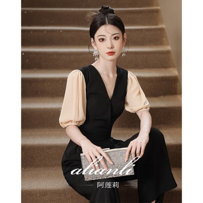 晚礼服女宴会轻奢小众高端高级感黑色主持人端庄大气裤装连体裤裙