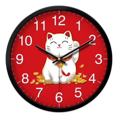 招财猫挂钟客厅家用商店餐馆挂墙表红色过年静音时钟门市店铺钟表