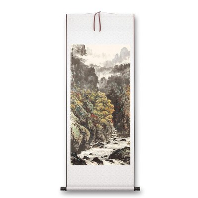 关山月石上泉声带雨秋客厅书房茶室装饰画玄关山水高卷轴