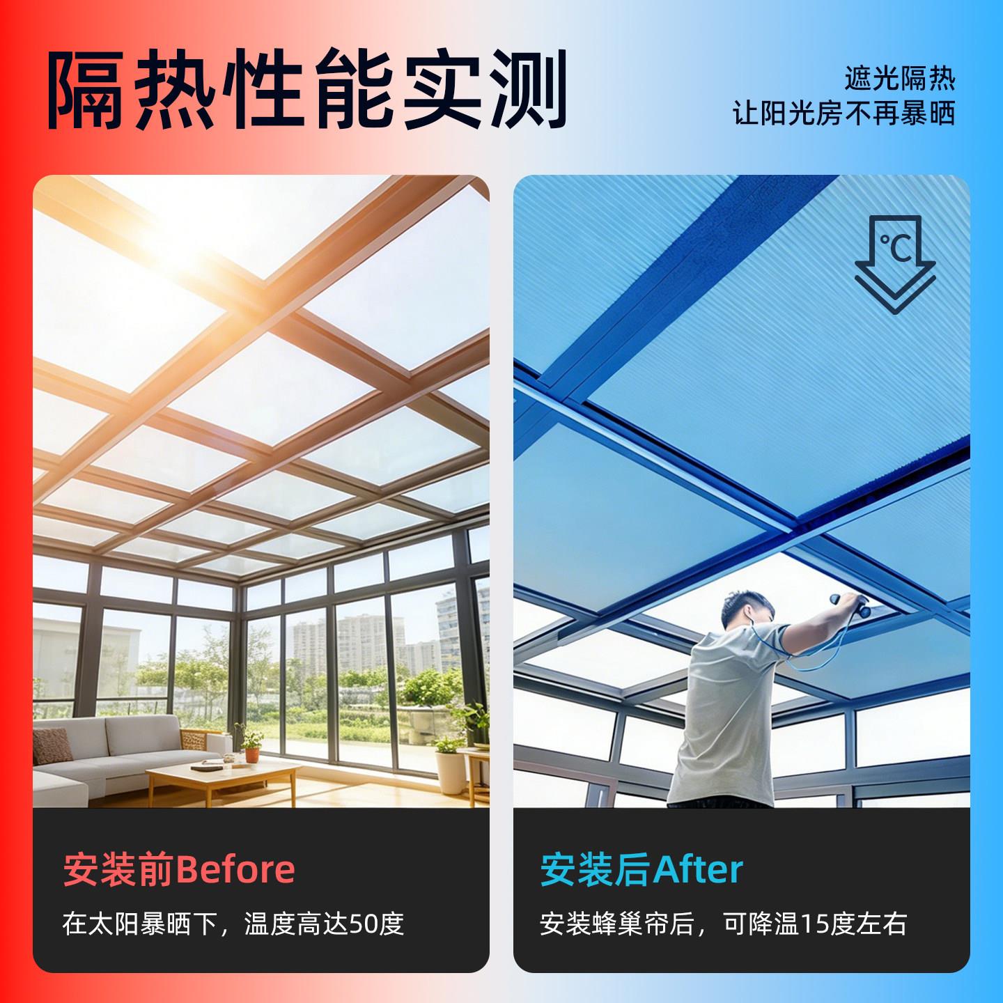 阳光遮顶帘蜂巢窗帘玻璃房阳阁楼斜顶全遮房光IML晒降温电动定制