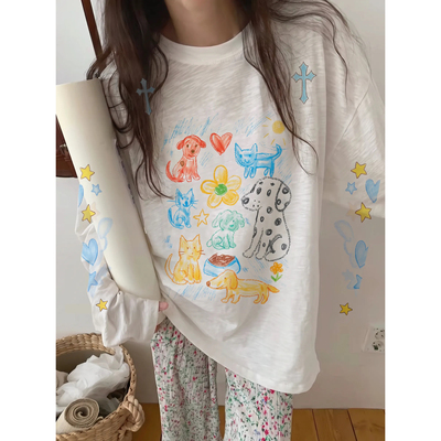 白色长袖卡通小狗猫咪星星T恤女