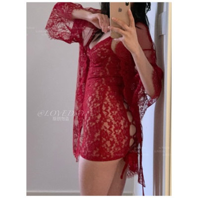 LOVEDAY【偏爱】 酒红色蕾丝边透视绑带御姐性感吊带连衣裙睡袍女