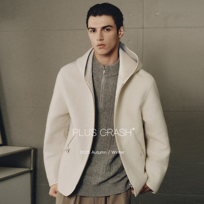 PLUS CRASH冬季新款绵羊毛混纺双面双色连帽加厚毛呢外套男女同款