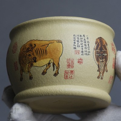 宜兴紫砂杯纯全手工烤人杯原矿本山段泥五牛图杯大号品茗杯