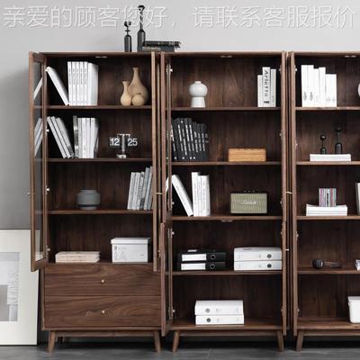 北欧全实木组47770合书柜防带玻璃门胡黑桃木书柜原木柜尘收纳储