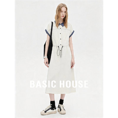 Basic House/百家好莱赛尔衬衫领连衣裙女夏学院风撞色裙收腰显瘦