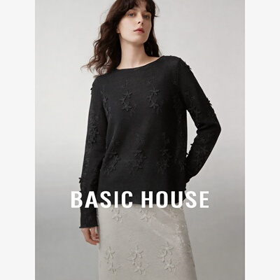 Basic House/百家好立体花朵长袖T恤女装宽松显瘦气质打底衫上衣