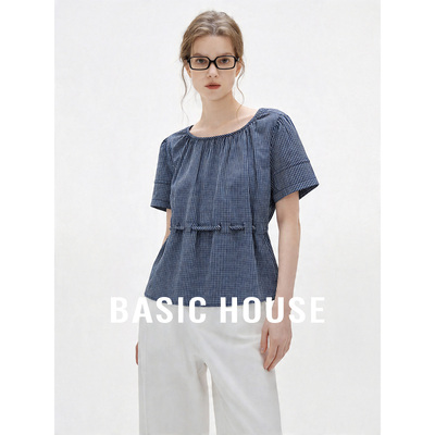 Basic House/百家好短袖格子衫抽绳收腰衬衫女夏季短款新款上衣