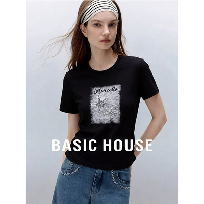 Basic House/百家好黑色圆领印花设计感短袖T恤女26夏季百搭内搭
