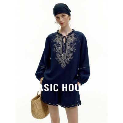 Basic House/百家好2026春季系带插肩袖衬衫撞色绣花宽松显瘦小衫