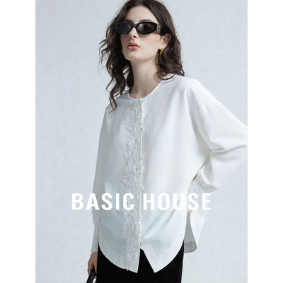 Basic House/百家好春季气质白色圆领蕾丝拼接衬衫女新款长袖小衫