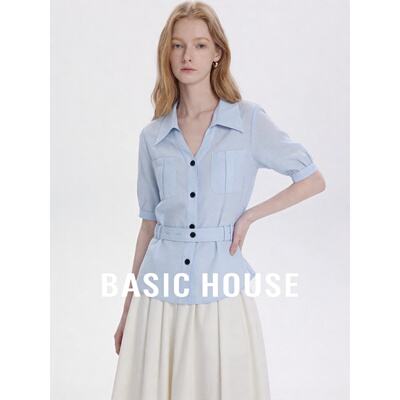 Basic House/百家好蓝色通勤风翻领短袖衬衫女莱赛尔收腰显瘦上衣