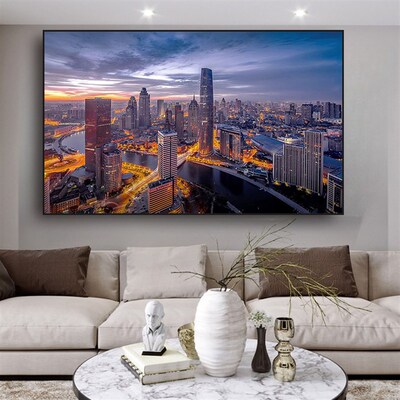 天津城市夜景装饰画现代风景客厅酒店床头挂画高楼大厦建筑壁画