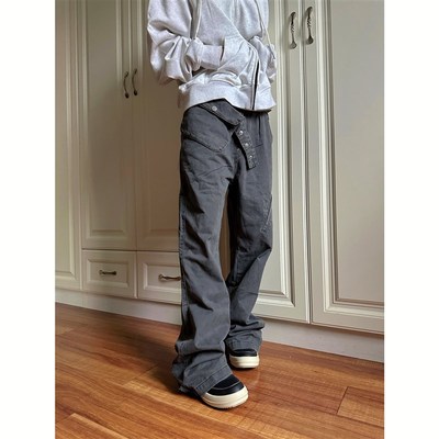 F383 2024美式水洗工装口袋腰带直筒复古牛仔裤男女宽松休闲裤子