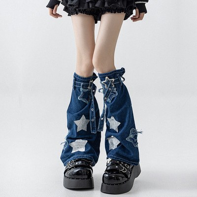 Solost 牛仔亮片星星腿套女秋冬y2k亚文化微喇叭显瘦绑带亚比袜套